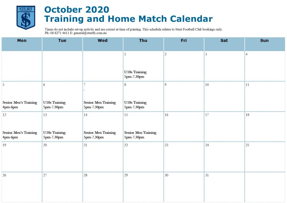 Temporary Training Schedule - Sturt Football Club